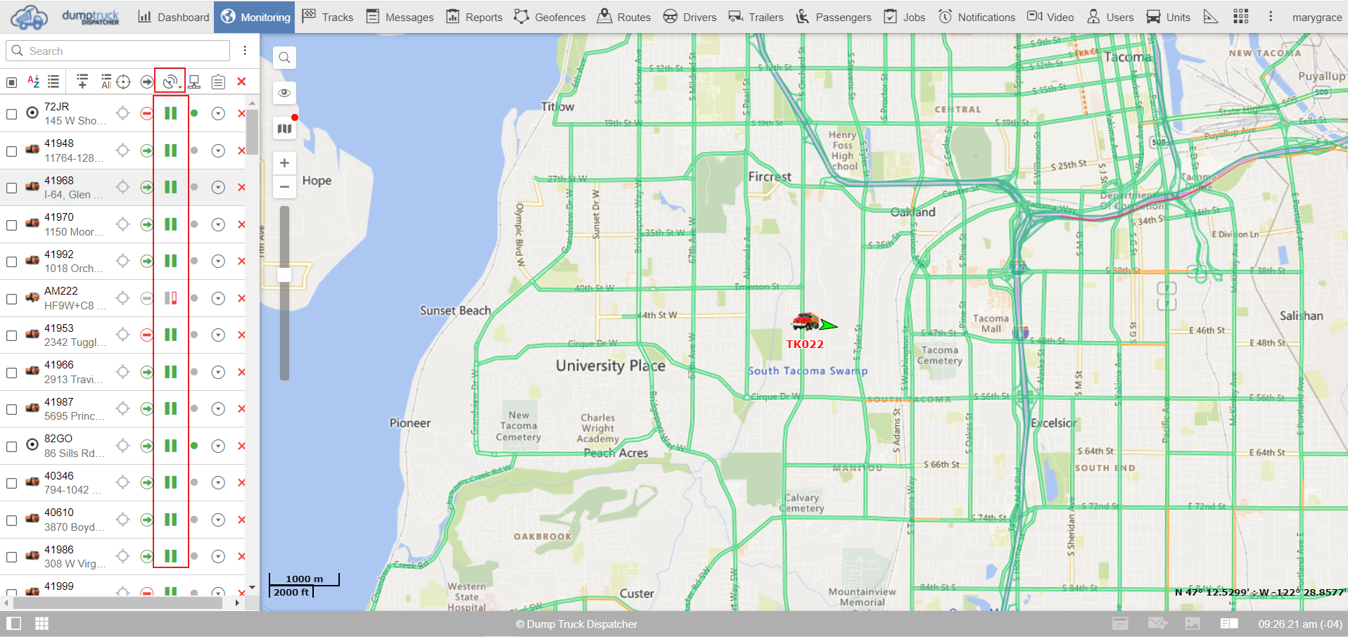 Monitoring Tab - Dump Truck Dispatcher