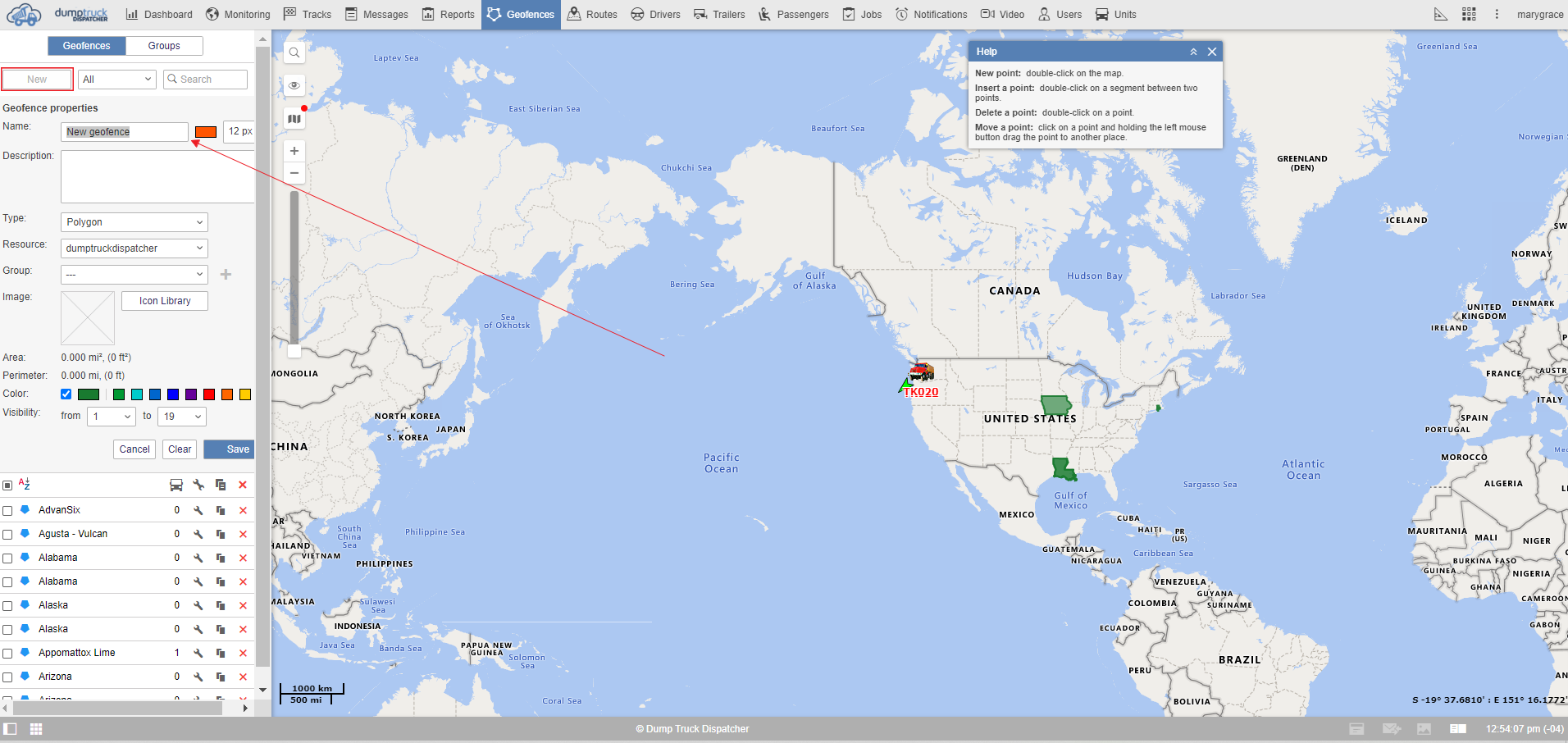 Geofence Tab - Dump Truck Dispatcher