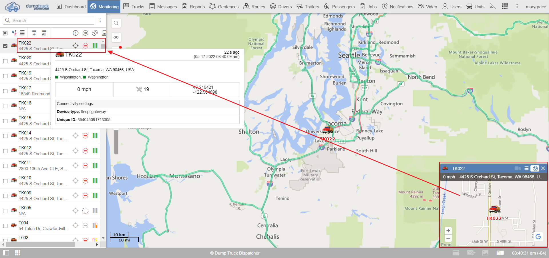 Monitoring Tab - Dump Truck Dispatcher