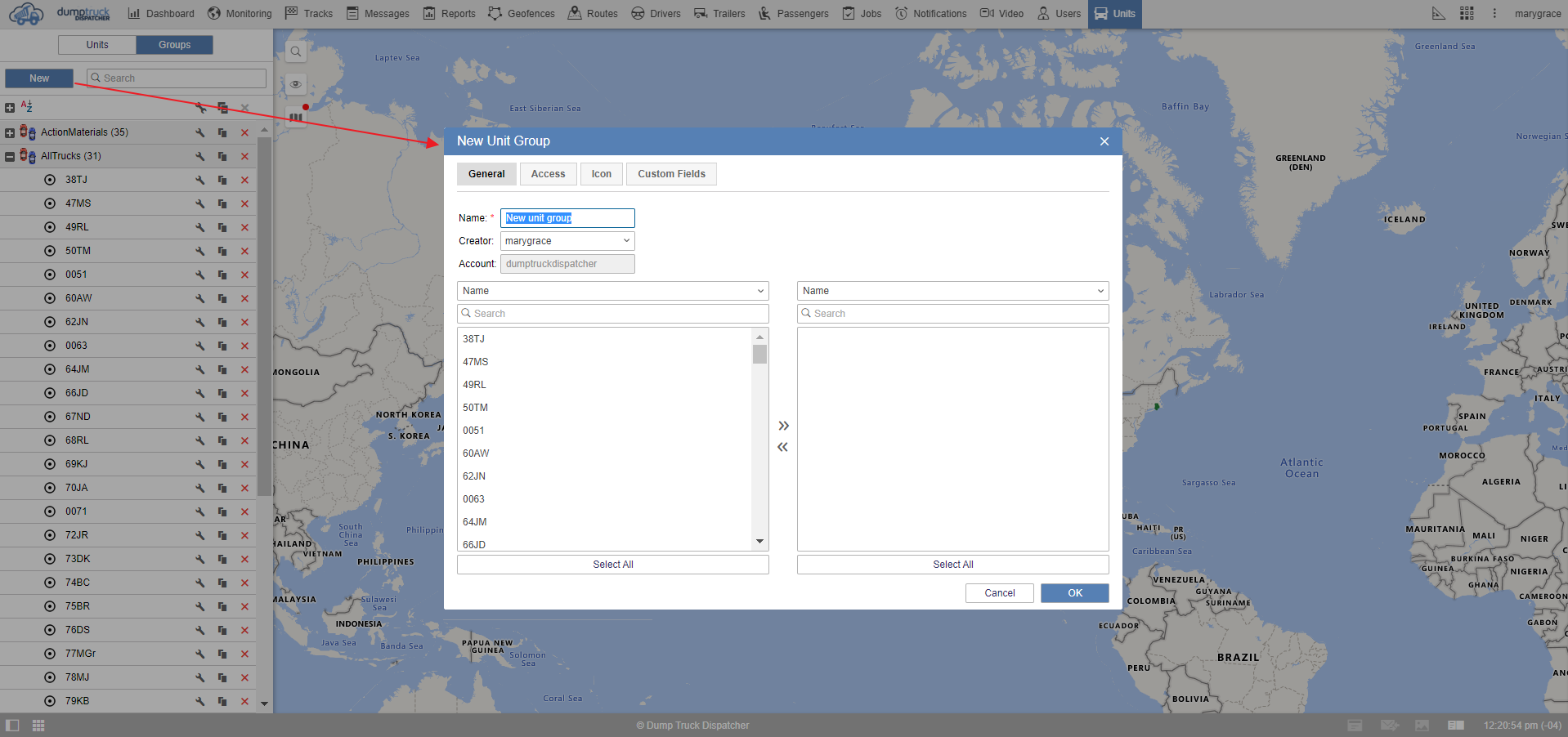 Units Tab - Dump Truck Dispatcher