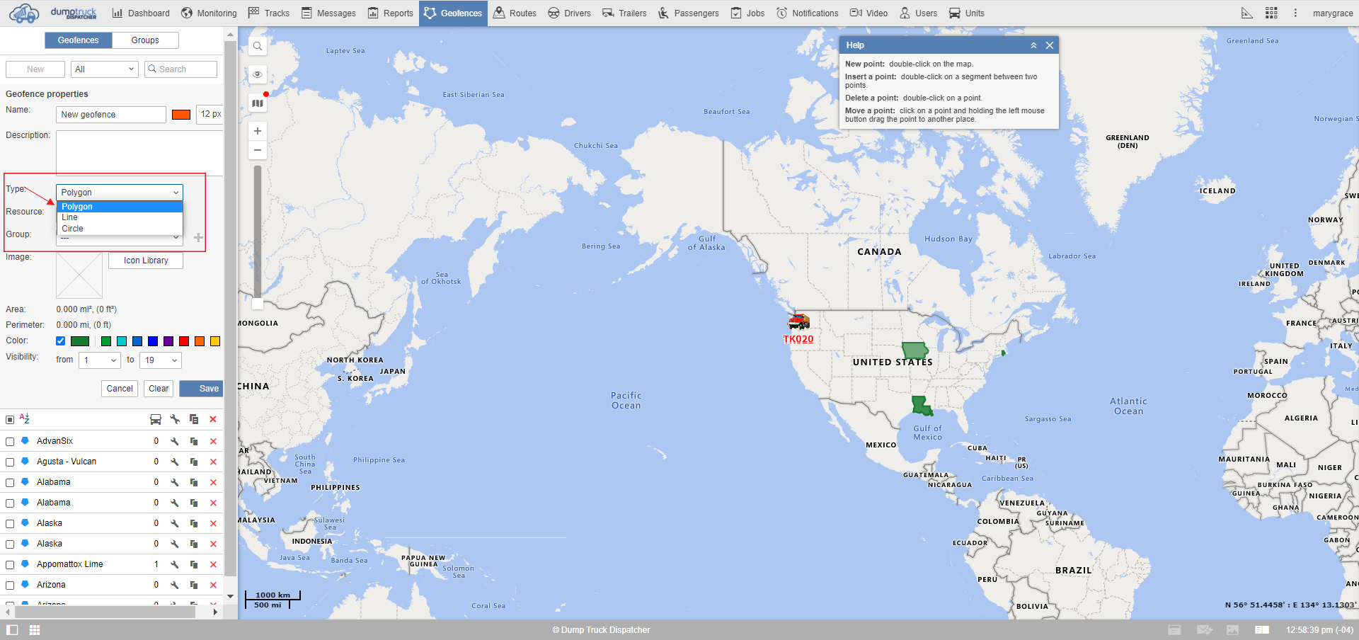 Geofence Tab - Dump Truck Dispatcher