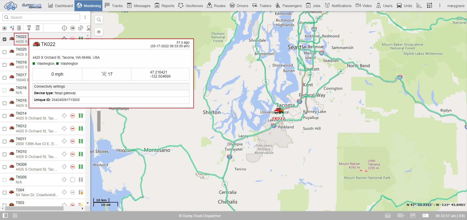 Monitoring Tab - Dump Truck Dispatcher