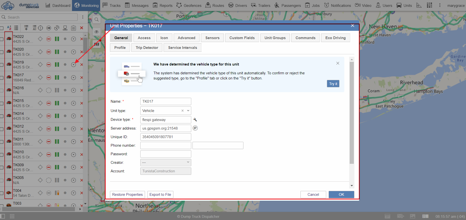 Monitoring Tab - Dump Truck Dispatcher