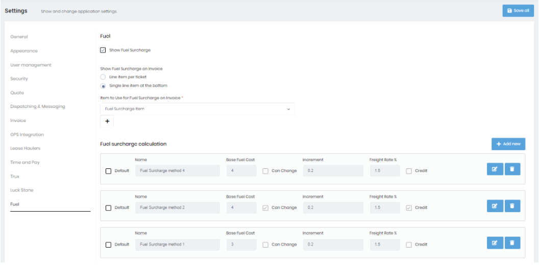 Fuel Settings - Dump Truck Dispatcher