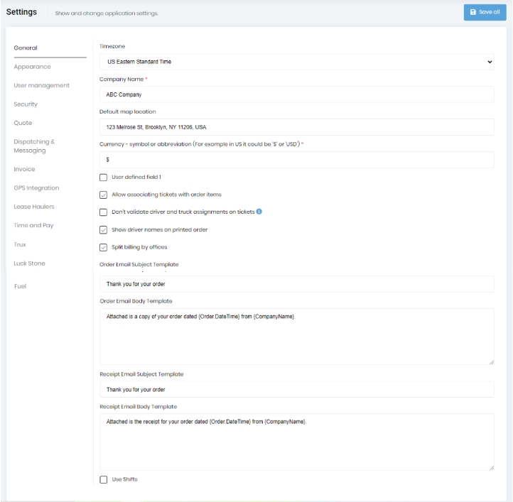 General Settings - Dump Truck Dispatcher
