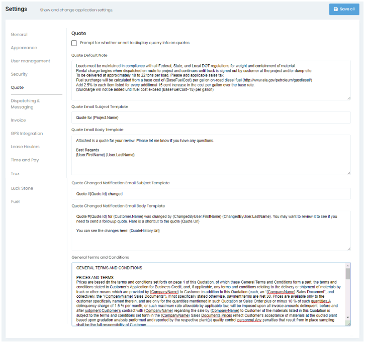 Quote Settings - Dump Truck Dispatcher