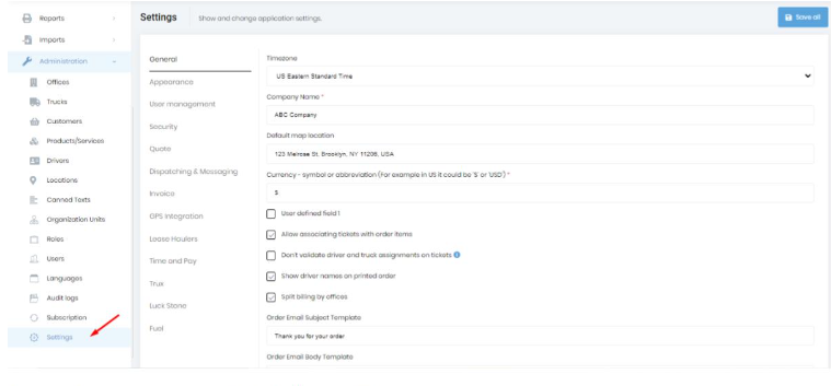 Settings Overview - Dump Truck Dispatcher