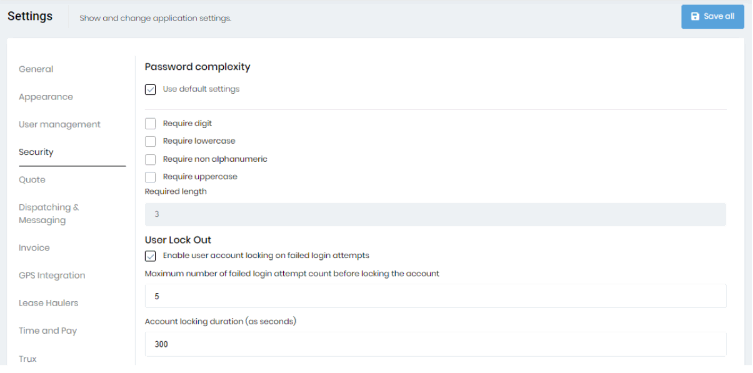 Security Settings - Dump Truck Dispatcher