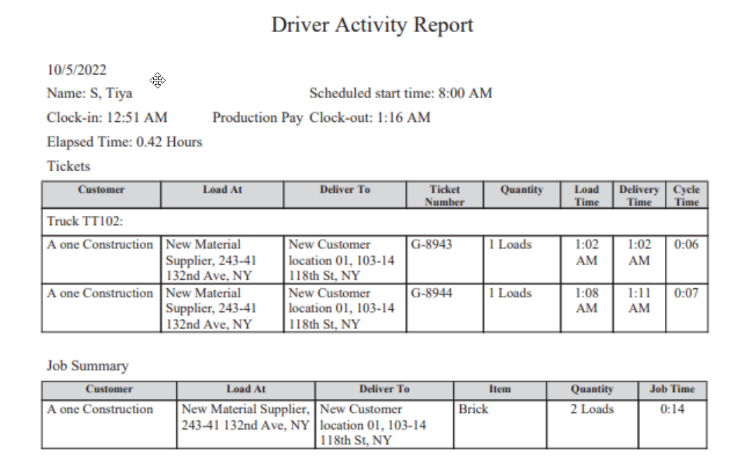Driver Activity Report - Dump Truck Dispatcher