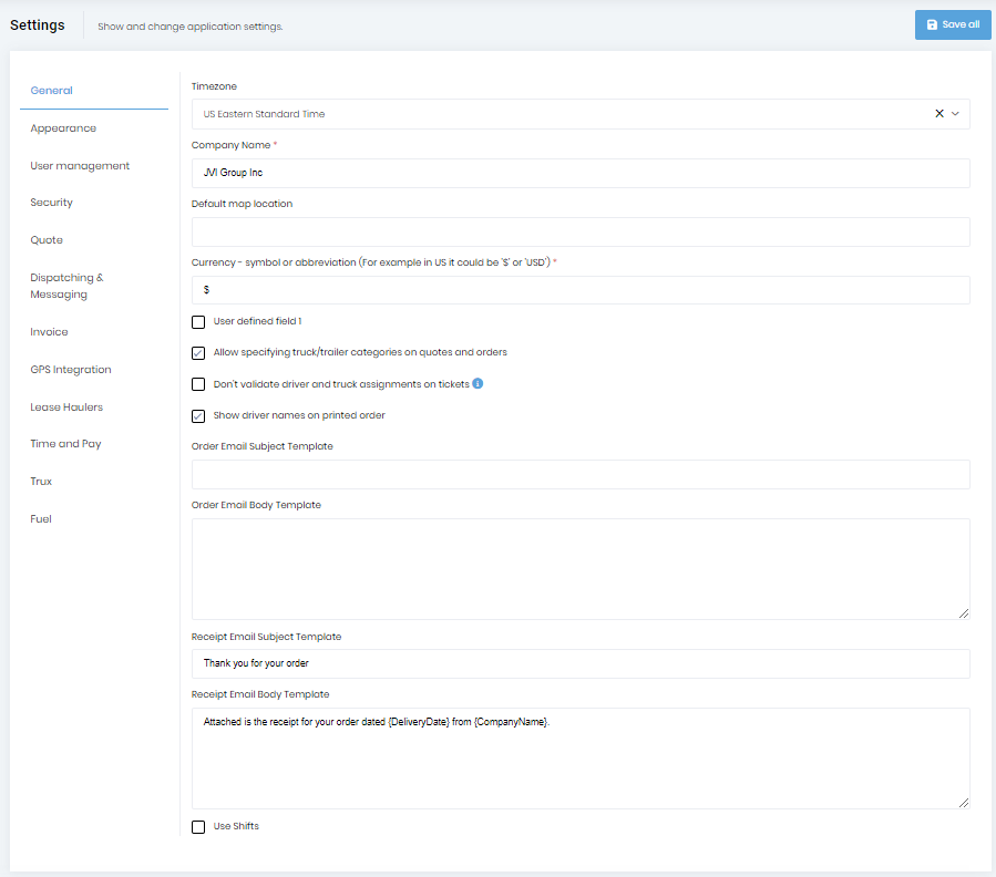 Settings Overview - Dump Truck Dispatcher