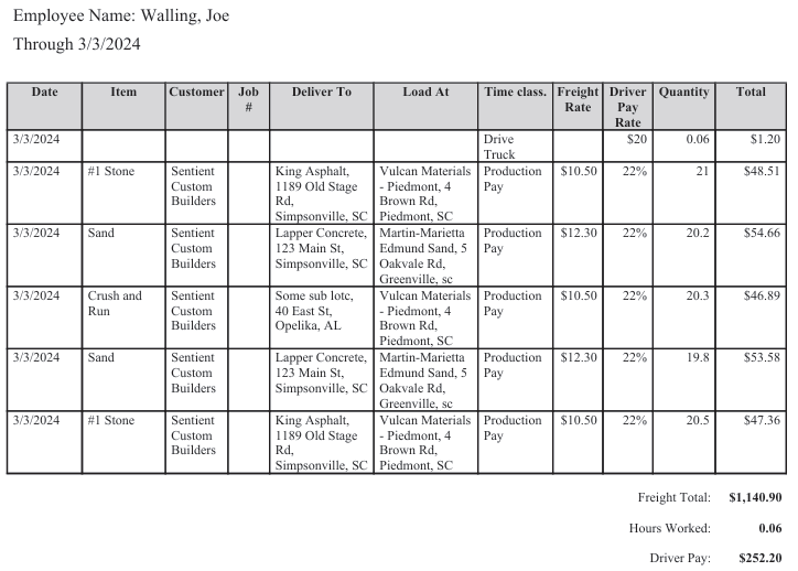 Driver Pay Statements - Dump Truck Dispatcher