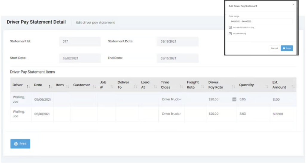 Driver Pay Statements - Dump Truck Dispatcher